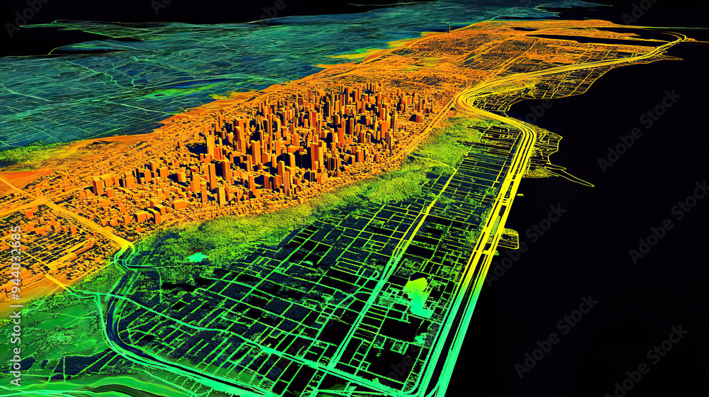 Technical aerial visual, 3D LiDAR GIS aerial map satellite scan model ...