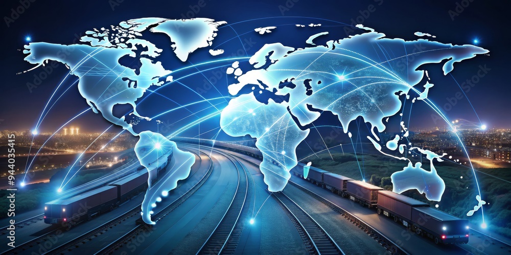Global Freight Network Trains Connecting Continents, World Map with ...