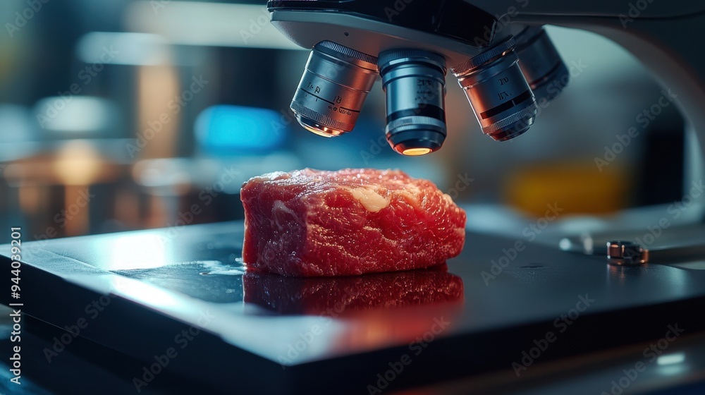 lab-grown meat analysis, a banner showcases a microscope examining ...