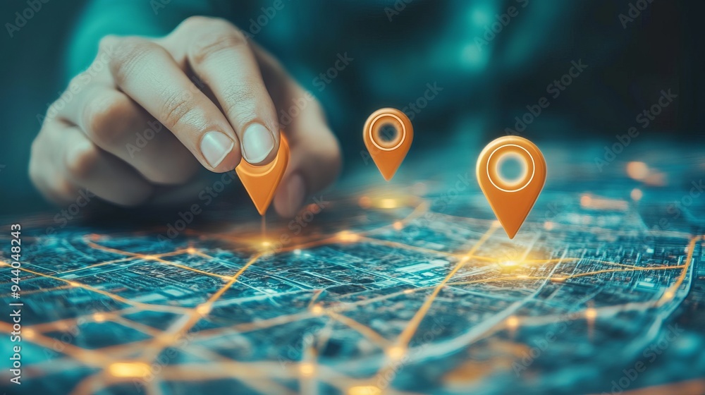 Digital hand sets map location with two pins. AI technology in GPS ...