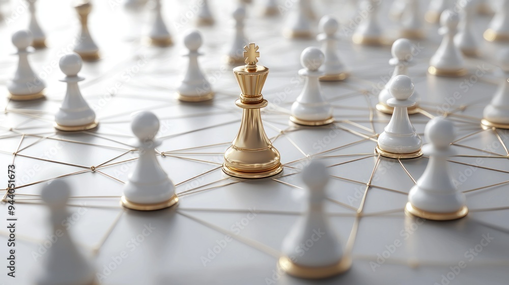 Chess pieces connected by lines to a golden leader piece representing ...