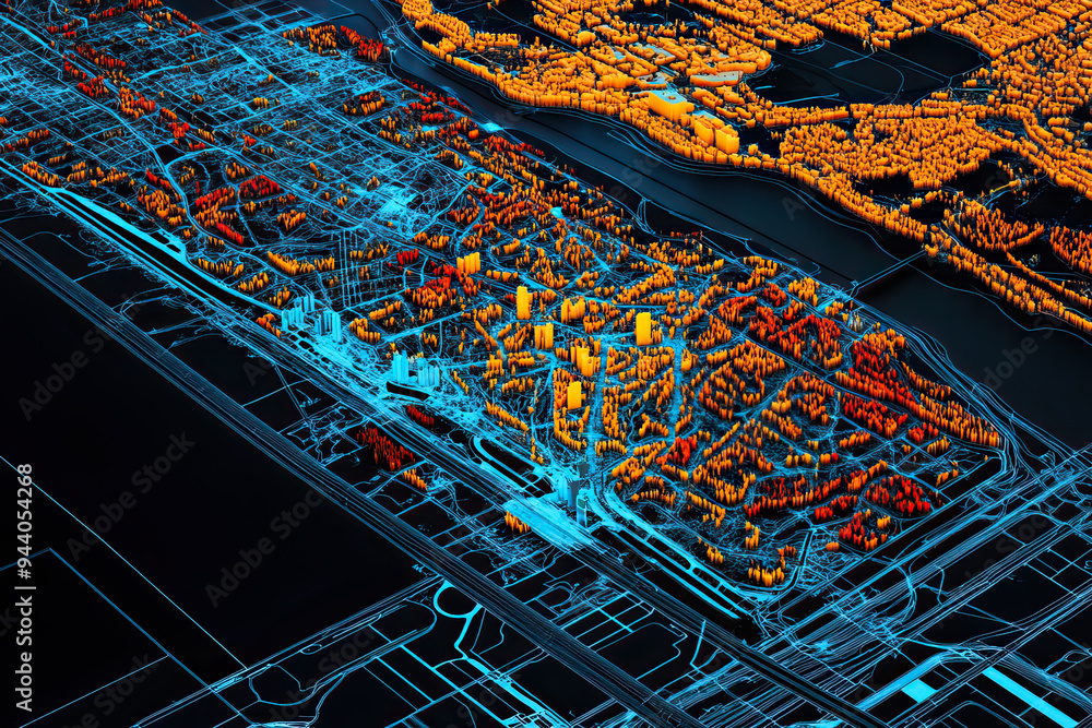 Technical aerial visual, 3D LiDAR GIS aerial map satellite scan model ...