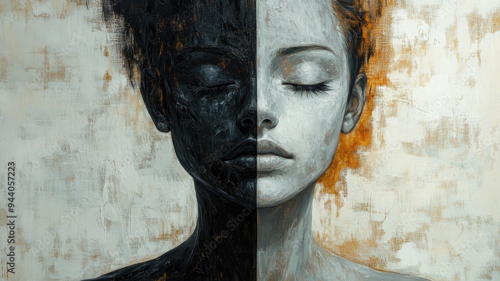 Abstract portrait of a girl's face with closed eyes, split between ...