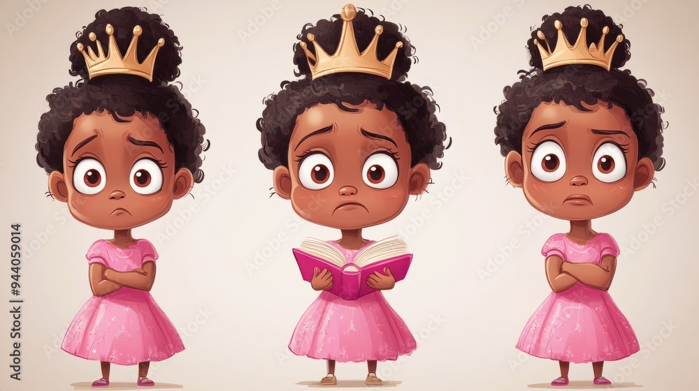 The cartoon black princess girl character expression set features ...