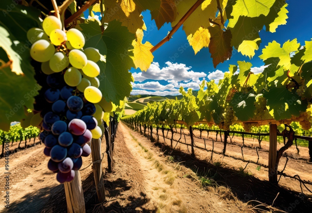 vibrant vineyard landscape featuring thriving grape vines under sunny ...