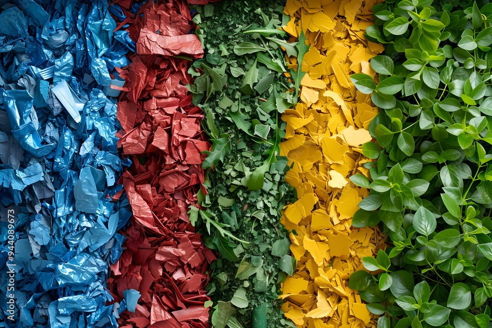 Diverse waste types sorted by categories and colors for recycling ...
