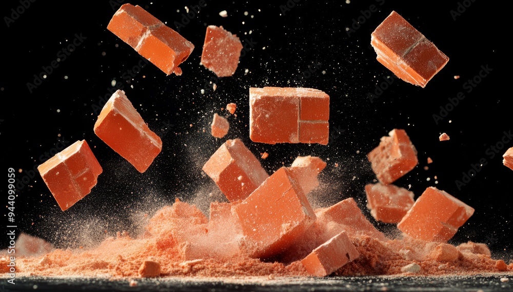 Explosive Renovation Concept: Red Brick Fragments and Dust Bursting in ...