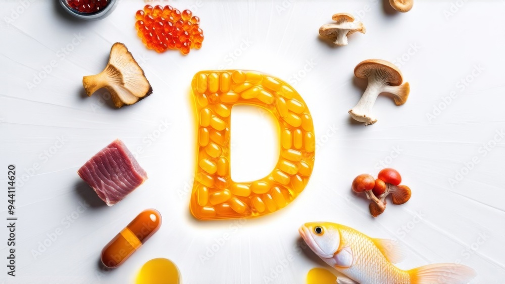 Vitamin D healthy nutrition concept. Vitamin D-rich foods: egg yolk ...