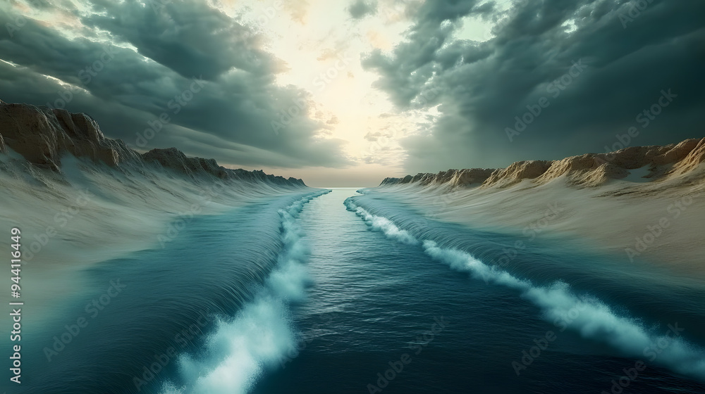 Sea separate up to form canal. Bible miracle of Moses parting red sea ...