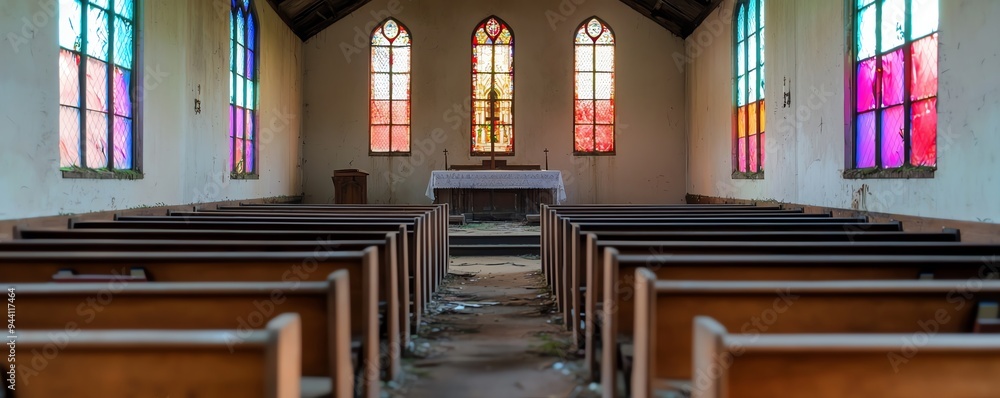 Abandoned church with broken stained glass windows, a crumbling altar ...