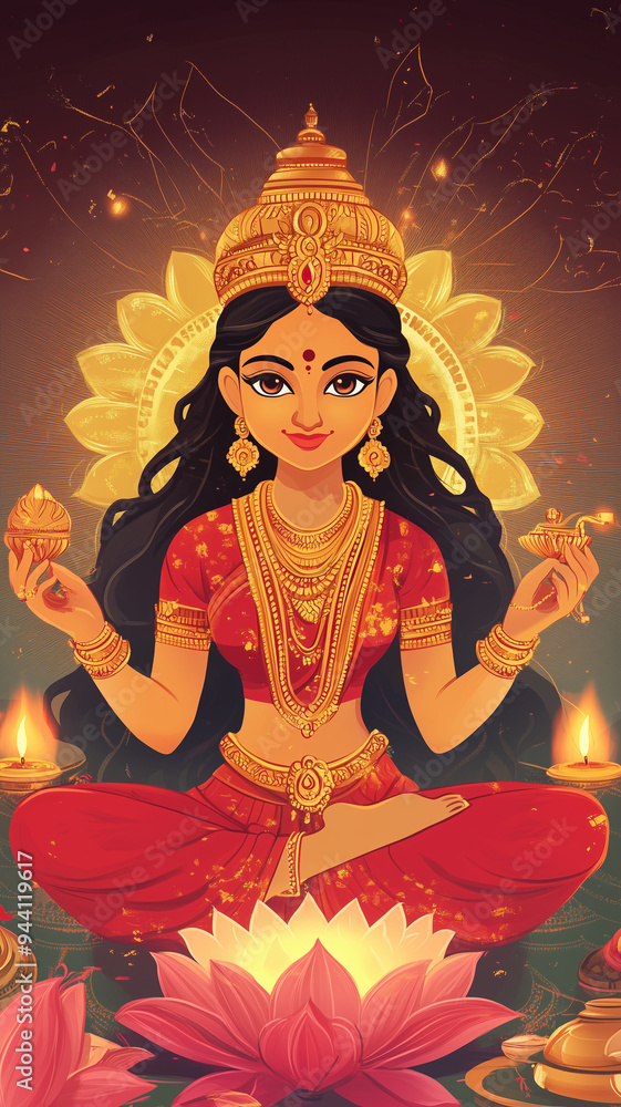 Goddess Lakshmi, cartoon style illustration. Hindu Goddess of wealth ...