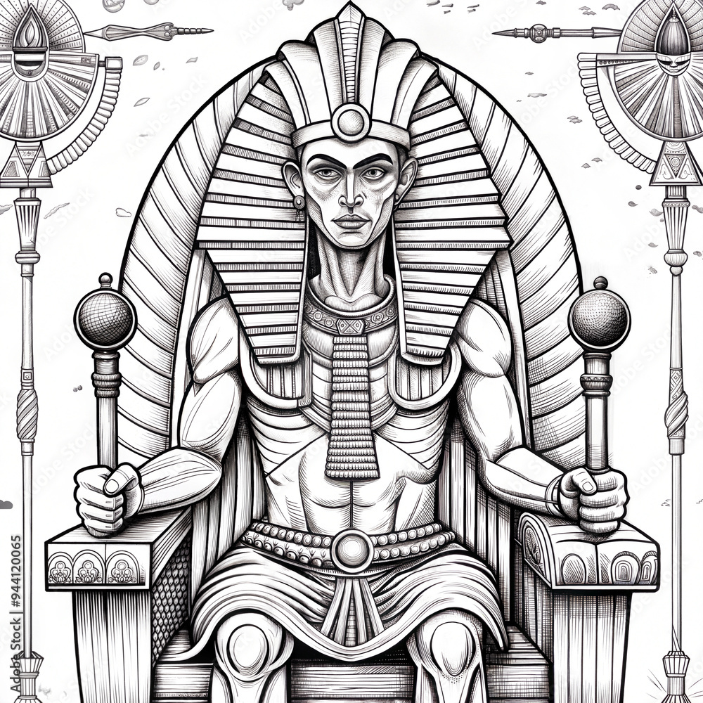 Children's Coloring Page: Mighty Pharaoh on His Throne with Ancient ...