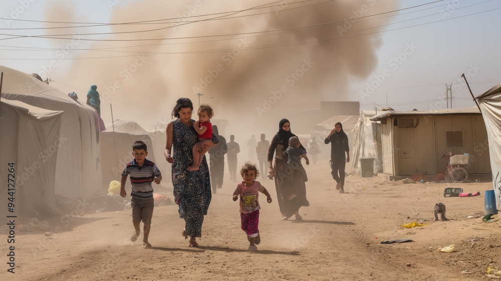 Refugee family arriving at a crowded camp, carrying few belongings ...