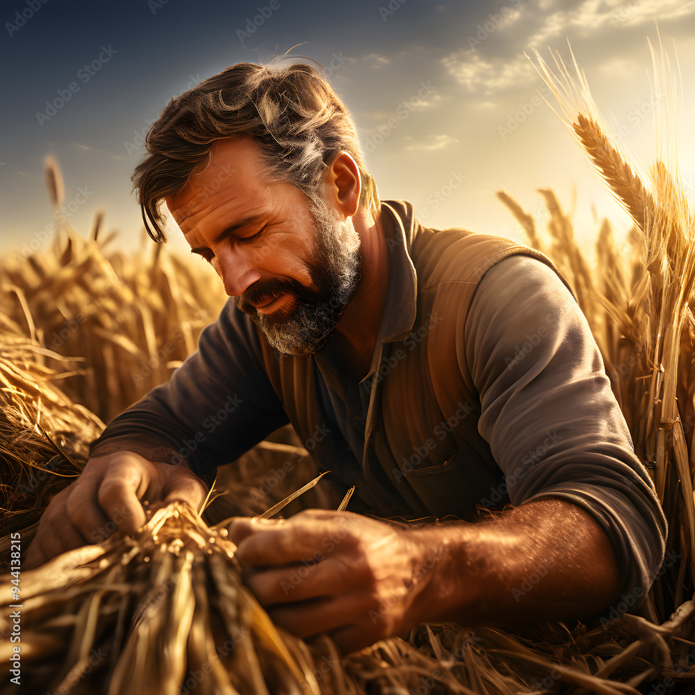 Famer harvesting Wheat grains Farming Cereal Crop Food Harvest Organic ...