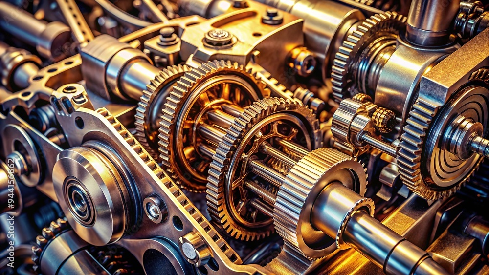 Highly detailed close-up of a complex engine's mechanical components ...
