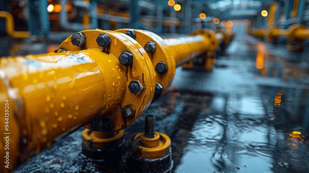 A close-up view of a vibrant yellow industrial pipe with visible bolts ...