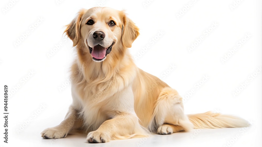 Isolated white background featuring a playful golden retriever dog ...