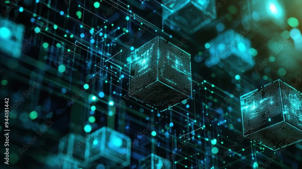 Blockchain concept with a series of interconnected digital blocks and ...