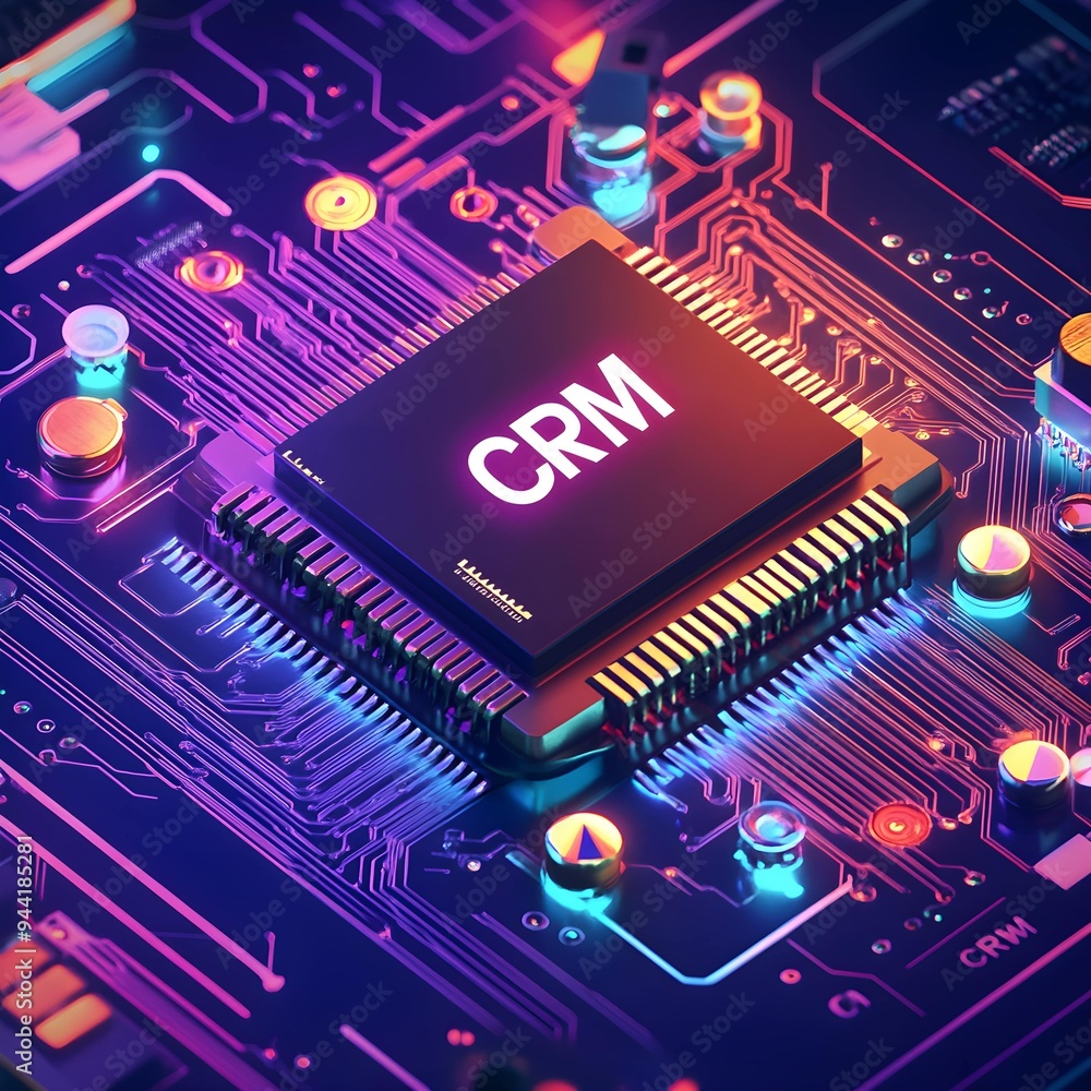 An illustration of a microchip on a circuit board with "CRM" stylized ...