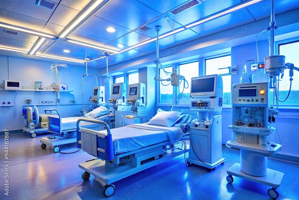 Modern hospital room featuring complex life-support machines, monitors ...