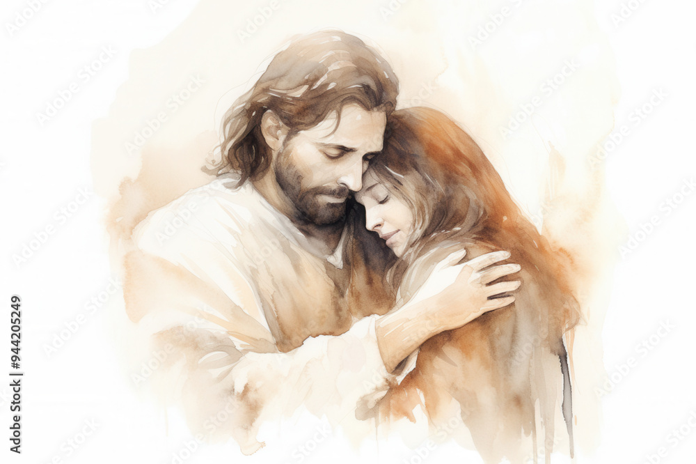 Jesus Christ Hugging Woman Watercolor Illustration Stock Illustration ...