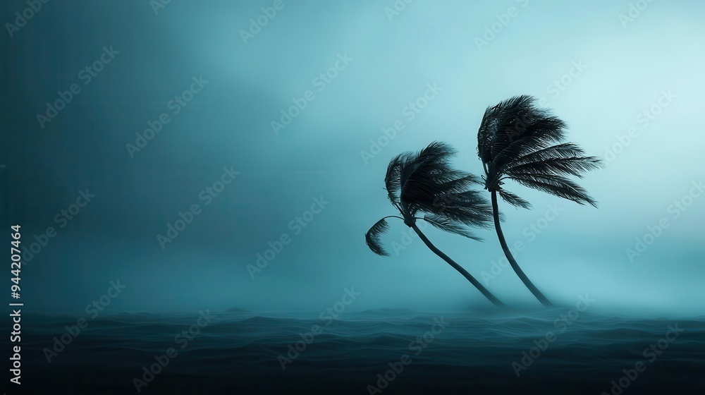 Gale-force winds bending palm trees during a tropical storm, extreme ...