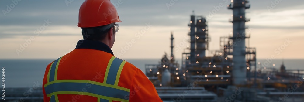 Engineer in orange safety gear oversees the refinery plant near the ...