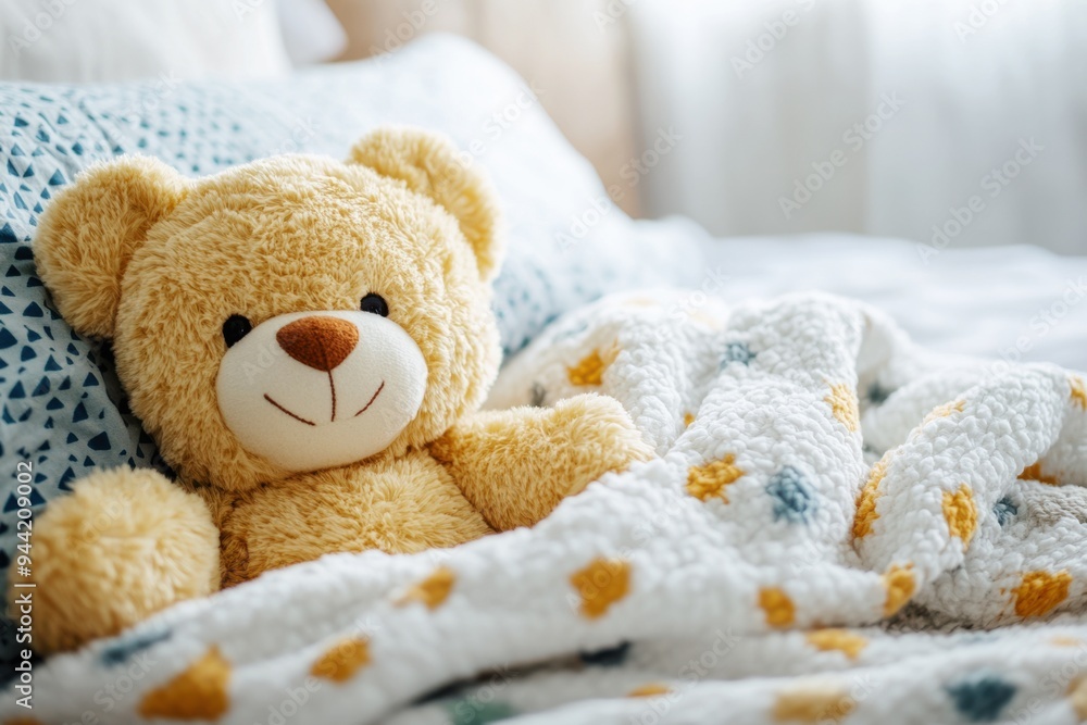 teddy bear snuggled in soft blanket on a cozy bed, warm and happy plush ...