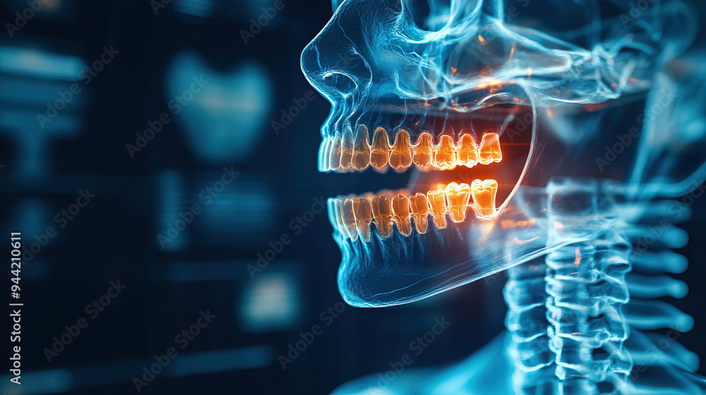 Detailed anatomical illustration showcasing a human skull and teeth in ...