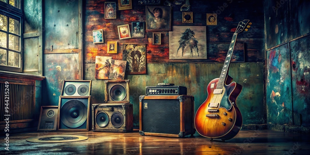 Retro-style electric guitar leaning against a worn, graffiti-covered ...