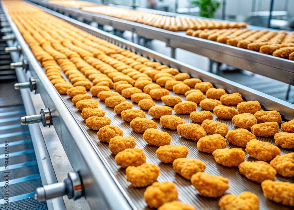 Rows of breaded and seasoned chicken nuggets move along a conveyor belt ...