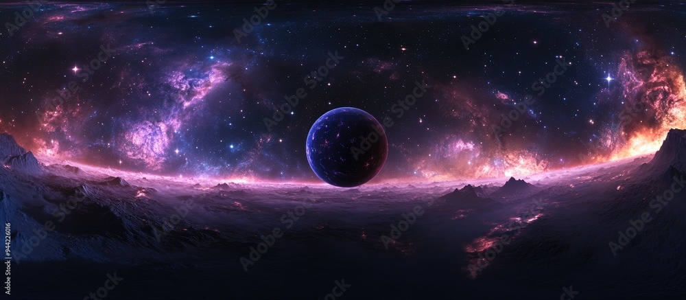 360 degree space background with nebula and stars featuring a 3D ...