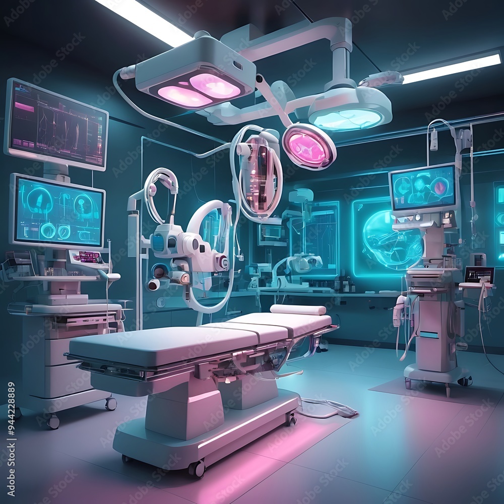 Futuristic neon animation type equipment and medical devices in modern ...