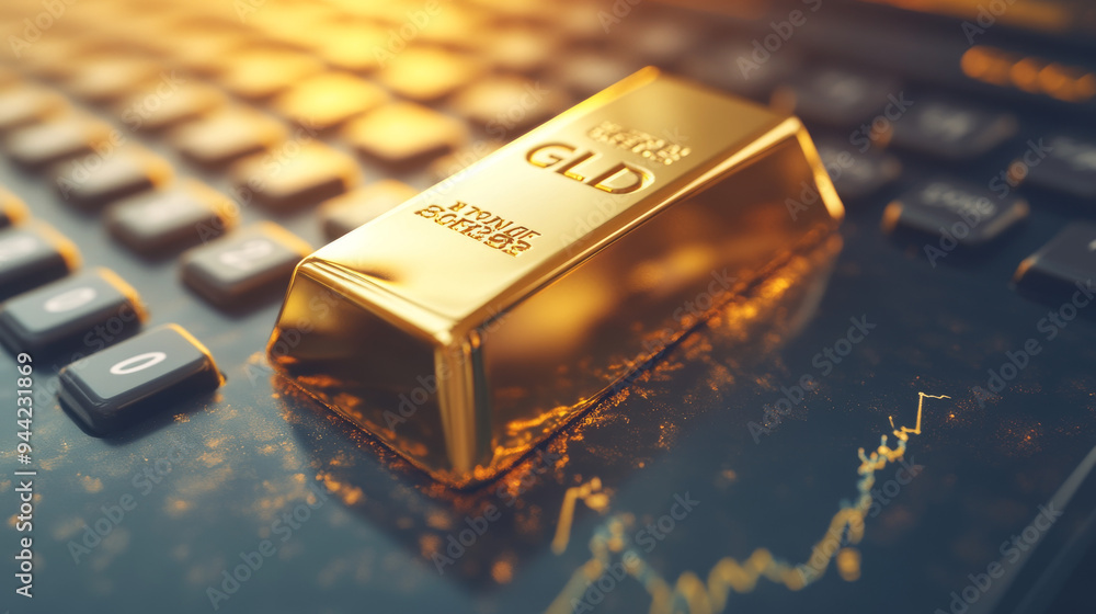Gold bar on a calculator with a trading graph represents gold price ...