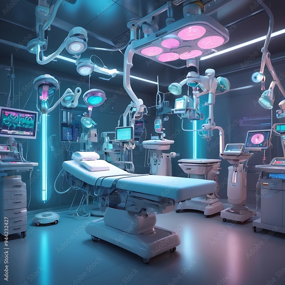 Futuristic neon animation type equipment and medical devices in modern ...