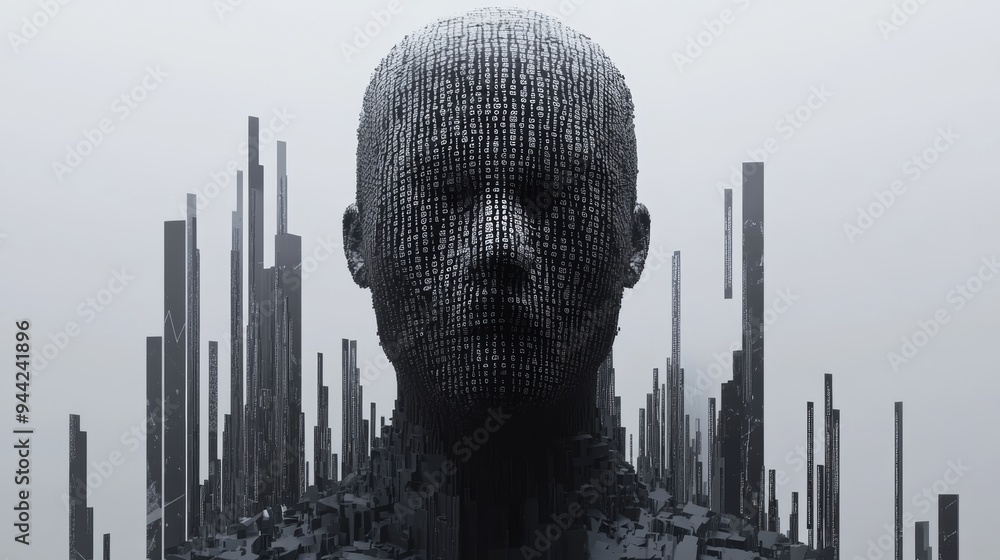 Digital head with binary code and vertical lines representing cybersecurity and data protection ...