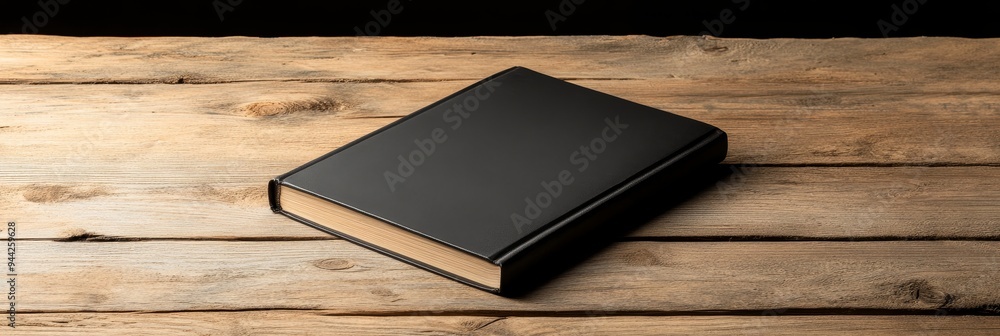 A closed black book lies on a rustic wooden surface. The book ...