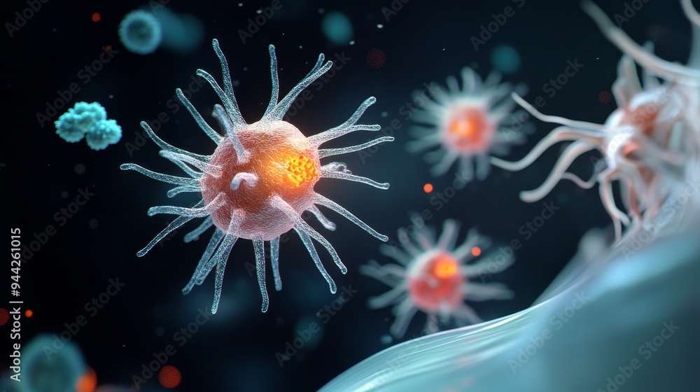 A close-up, microscopic view of microbes on the body, highlighting the ...