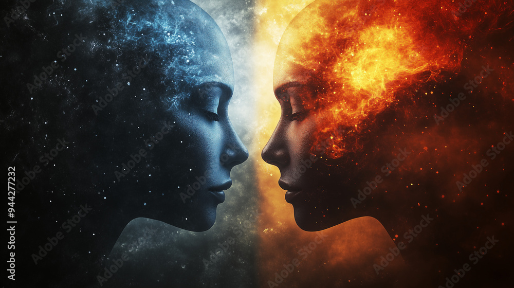 Duality of Fire and Ice: Abstract Portraits of Female Faces with Fiery ...