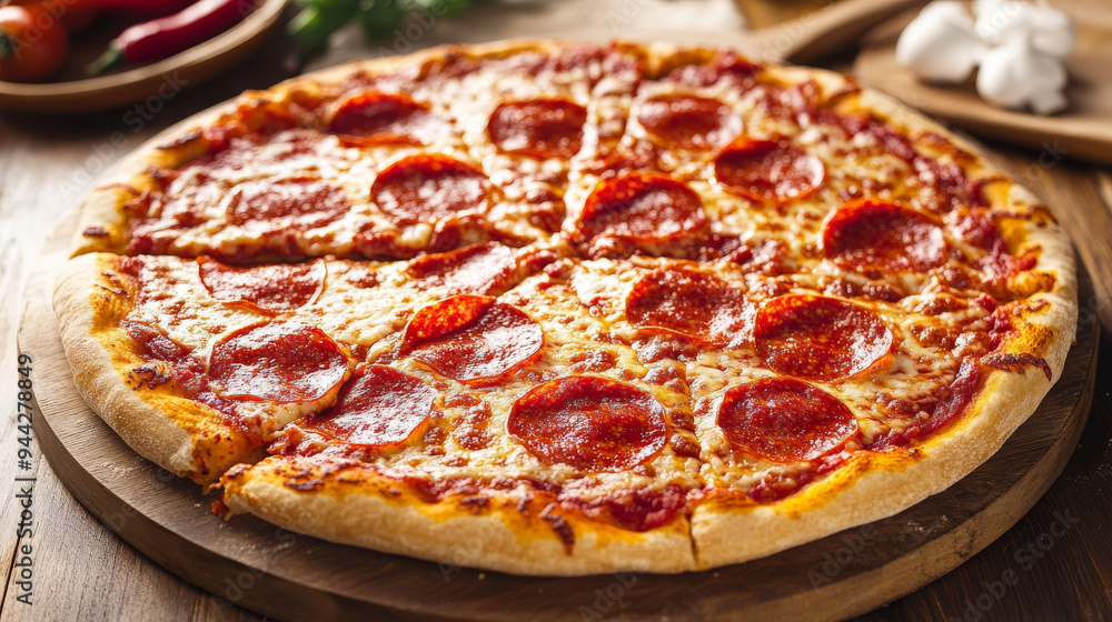 A falling Italian pepperoni pizza, captured mid-air against a white ...