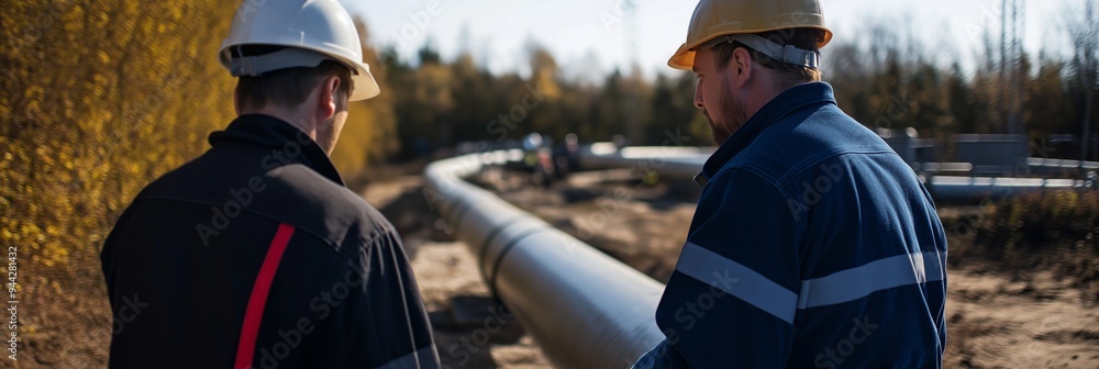 Two workers are inspecting a large outdoor pipeline, emphasizing ...