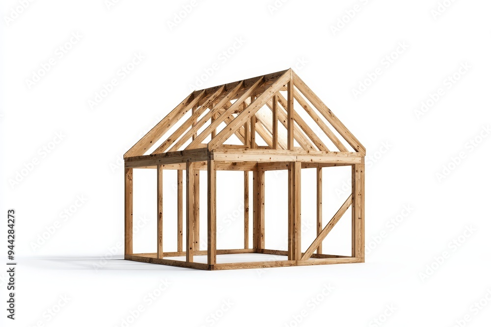 A wooden framed house under construction, showcasing the skeletal ...