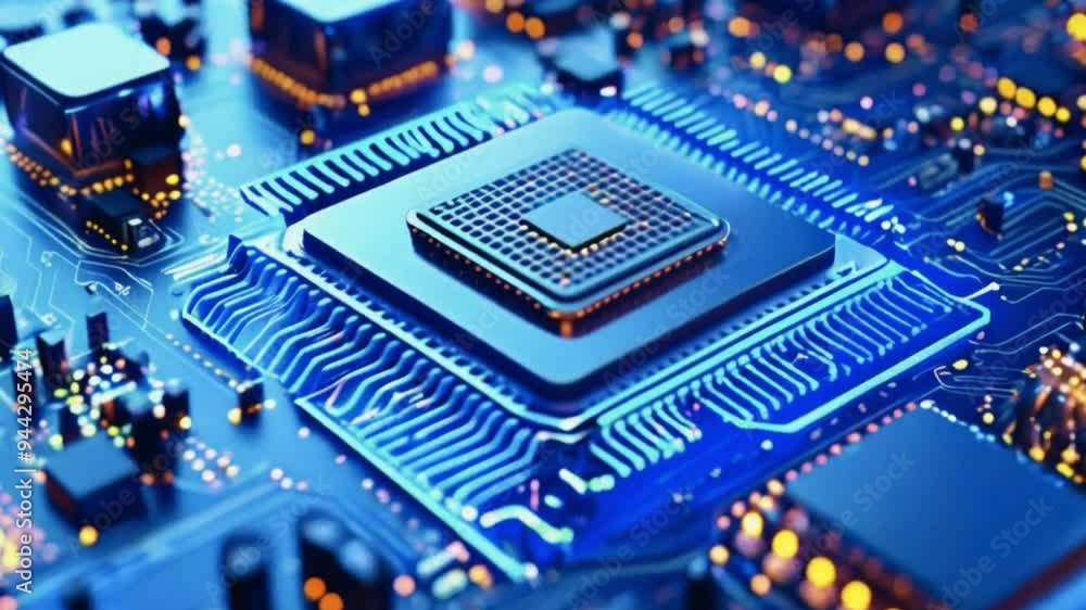 Central Processor Units. 3D Animation of Motherboard Digital Chips and ...