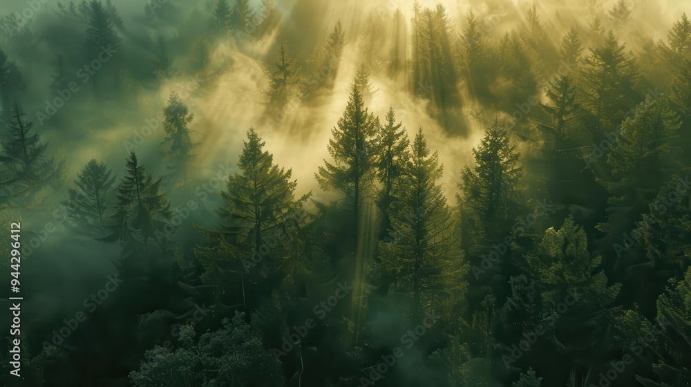 misty forest from above ethereal fog weaving between ancient pine trees shafts of golden ...
