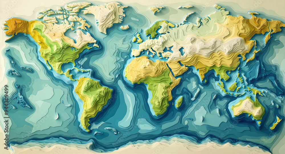 Artistic 3D Topographic World Map with Detailed Elevations Stock ...