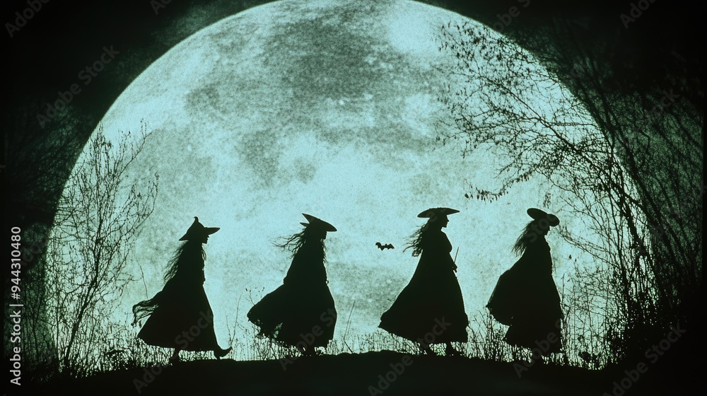 Silhouettes of witches against the night sky and huge moon, black and ...