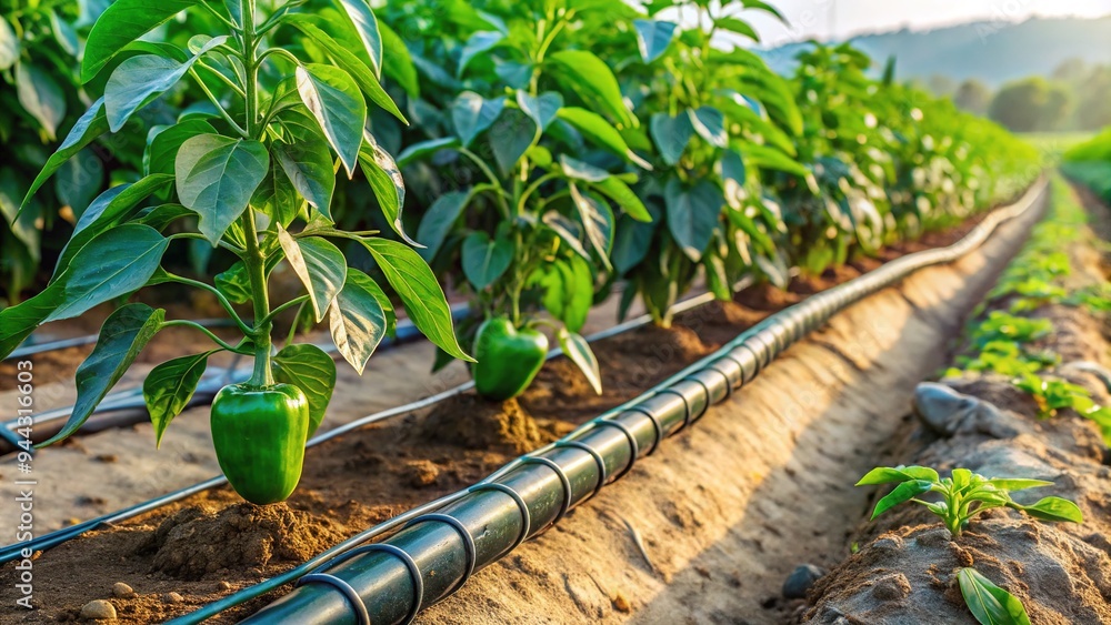 Vibrant green pepper plants thrive in a modern agricultural setting ...