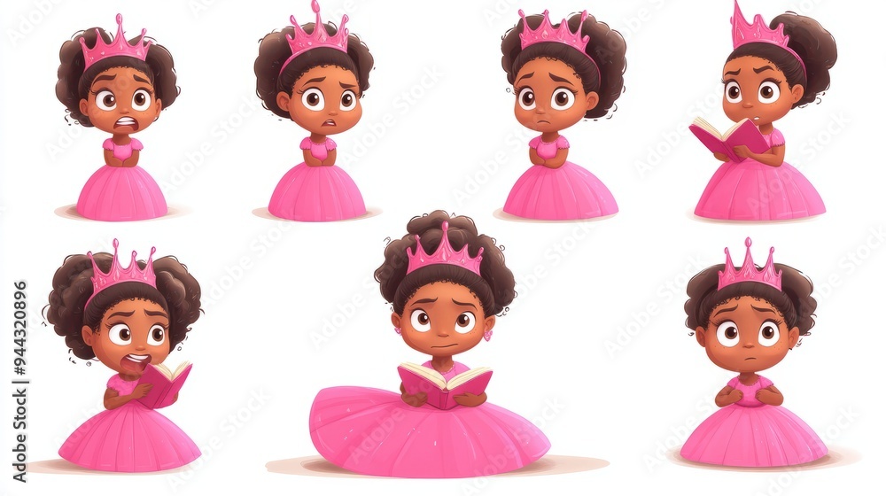 The cartoon black princess girl character expression set features ...