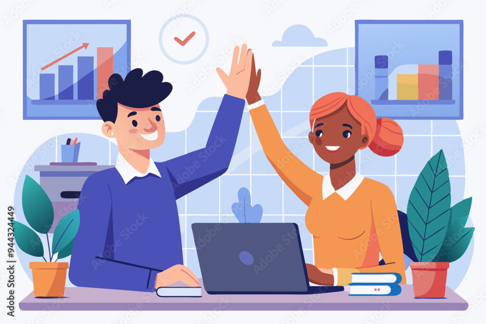 Two animated professionals high-five across a desk with a laptop in a ...