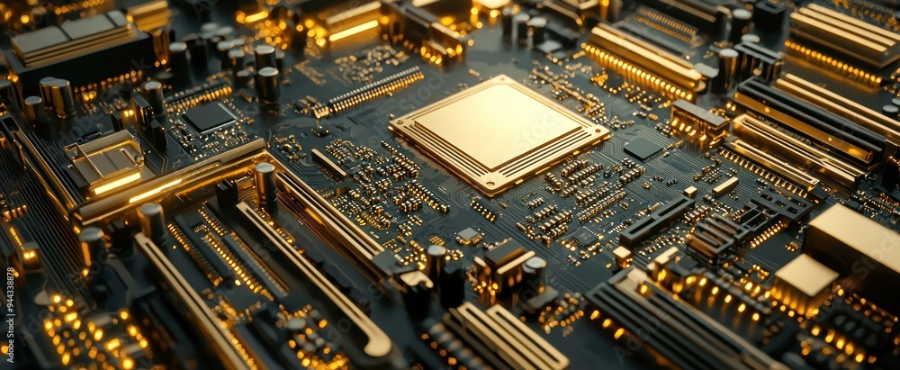 Technology background with 24k gold CPU and motherboard chipset ...